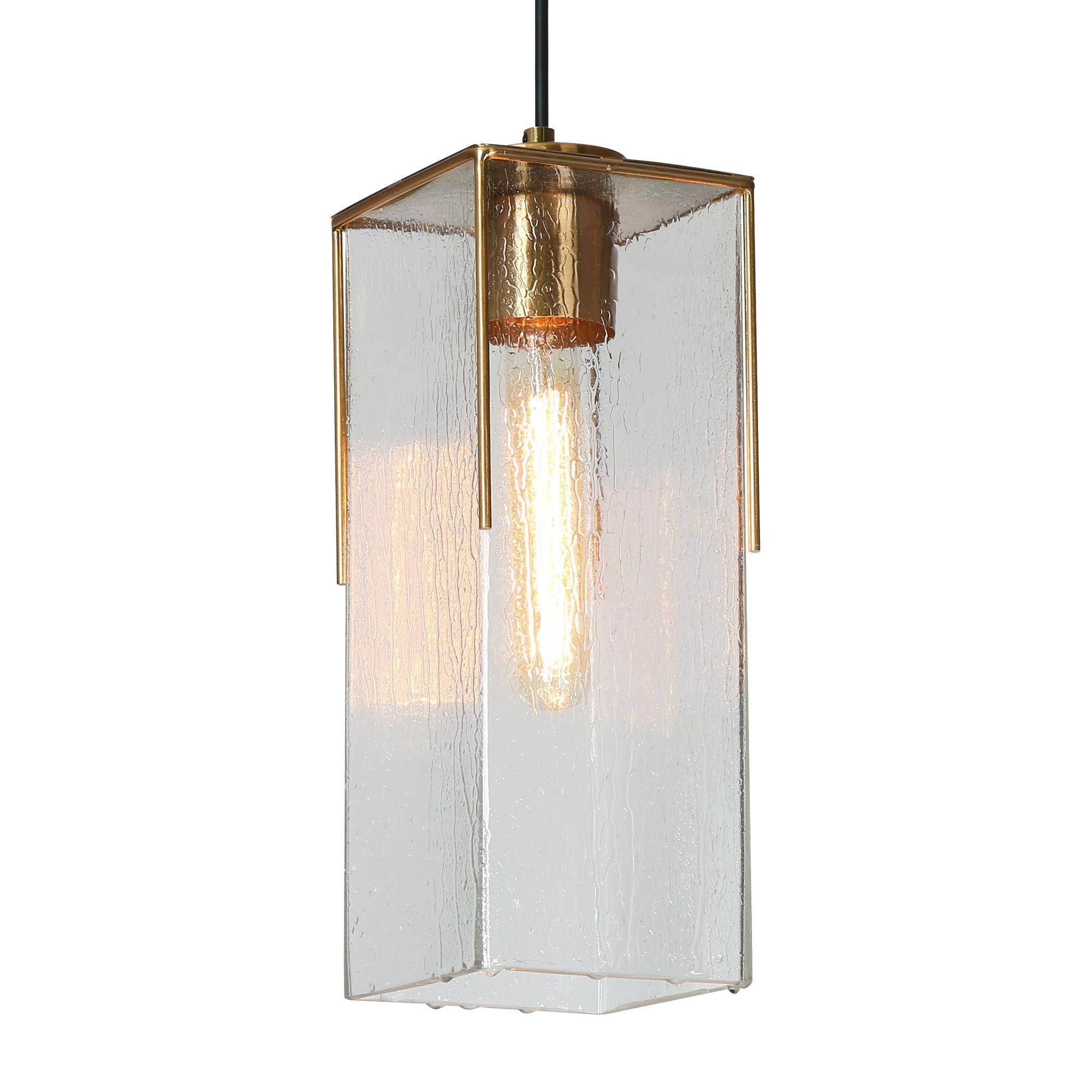 Modern Brass Rectangular Pendant Light with Textured Glass Shade ...